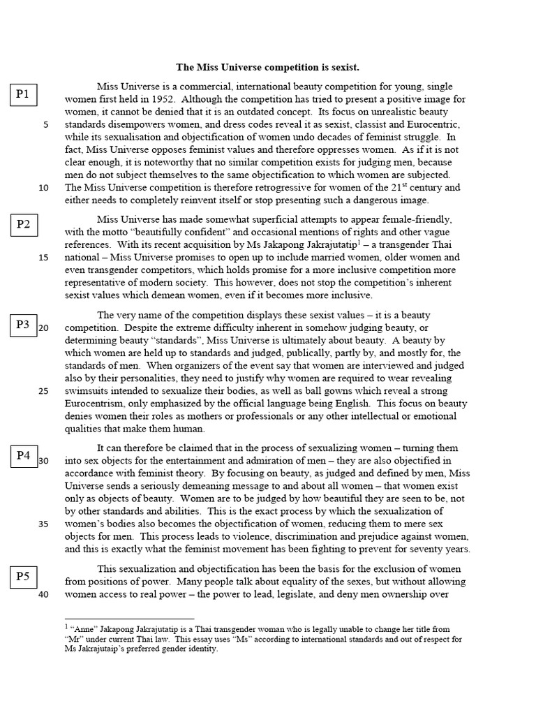Miss Universe Essay Example | PDF | Woman | Ideologies