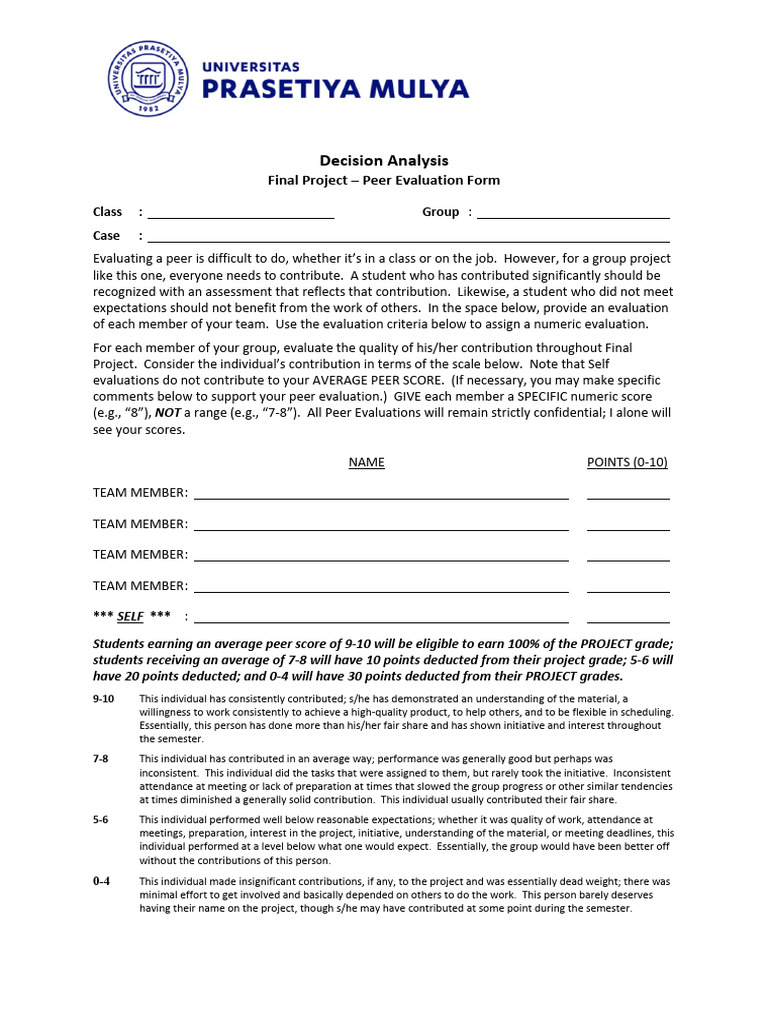 Peer Evaluation Form for Group Projects | PDF | Cognition | Psychology