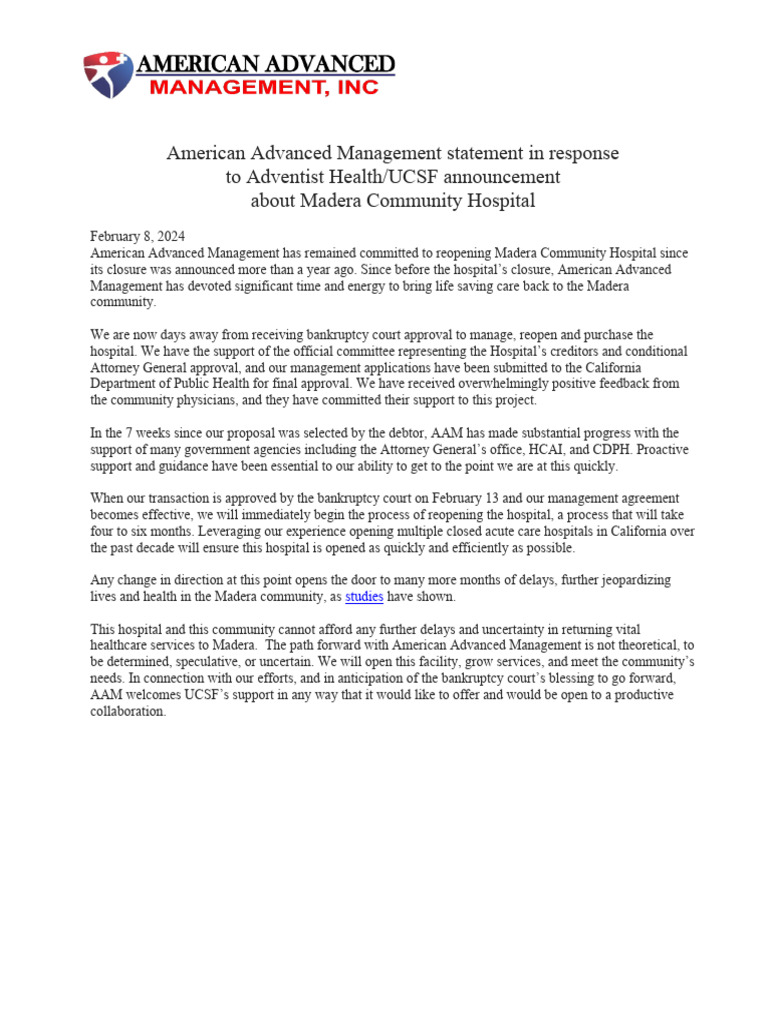 AAM Statement On Madera Hospital | PDF
