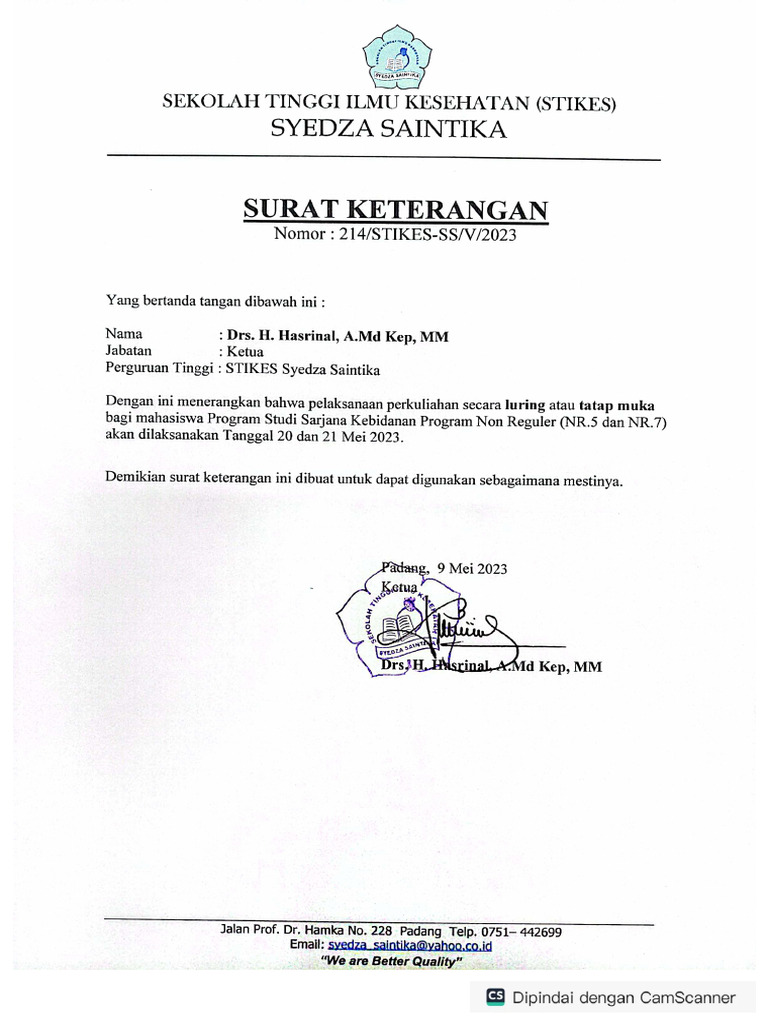 Surat Keterangan Pelaksanaan Luring NR 5 Dan NR 7 | PDF