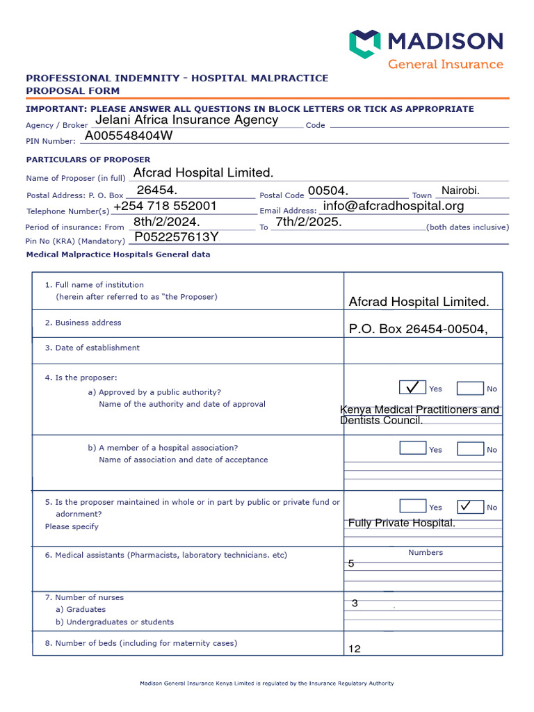 Professional Indemnity (Hospital Malpractice) Proposal Form | PDF ...