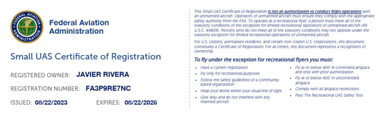 Federal Aviation Administration: Small UAS Certificate of Registration ...