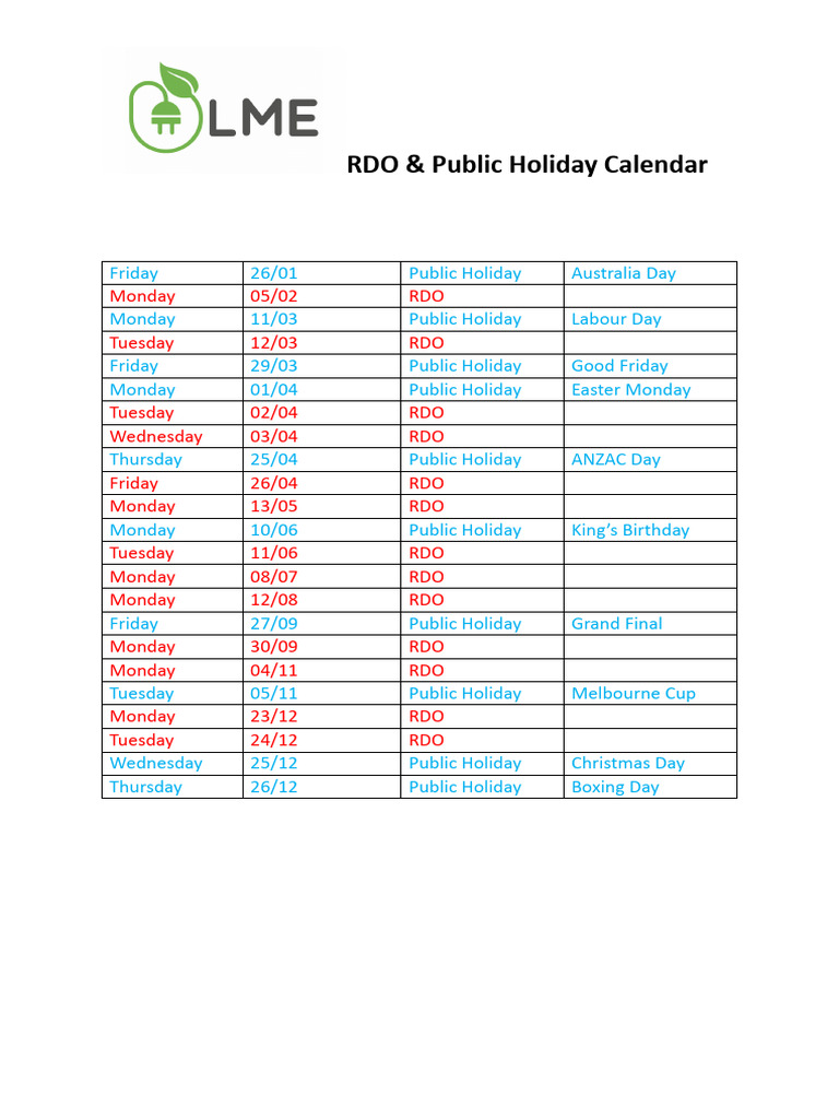 RDO Public Holiday Calender 2024 | PDF
