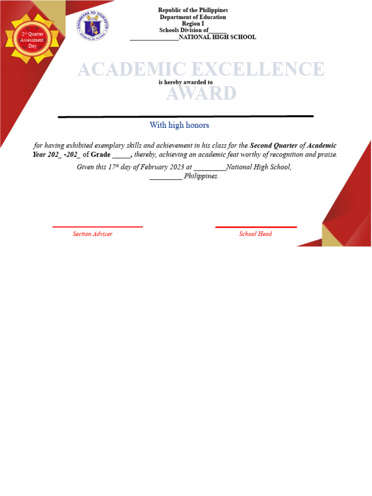 Quarterly Academic Excellence Award Template | PDF