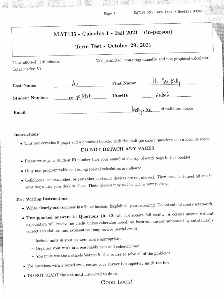 Mat Term Test Ans Sheet 1 | PDF
