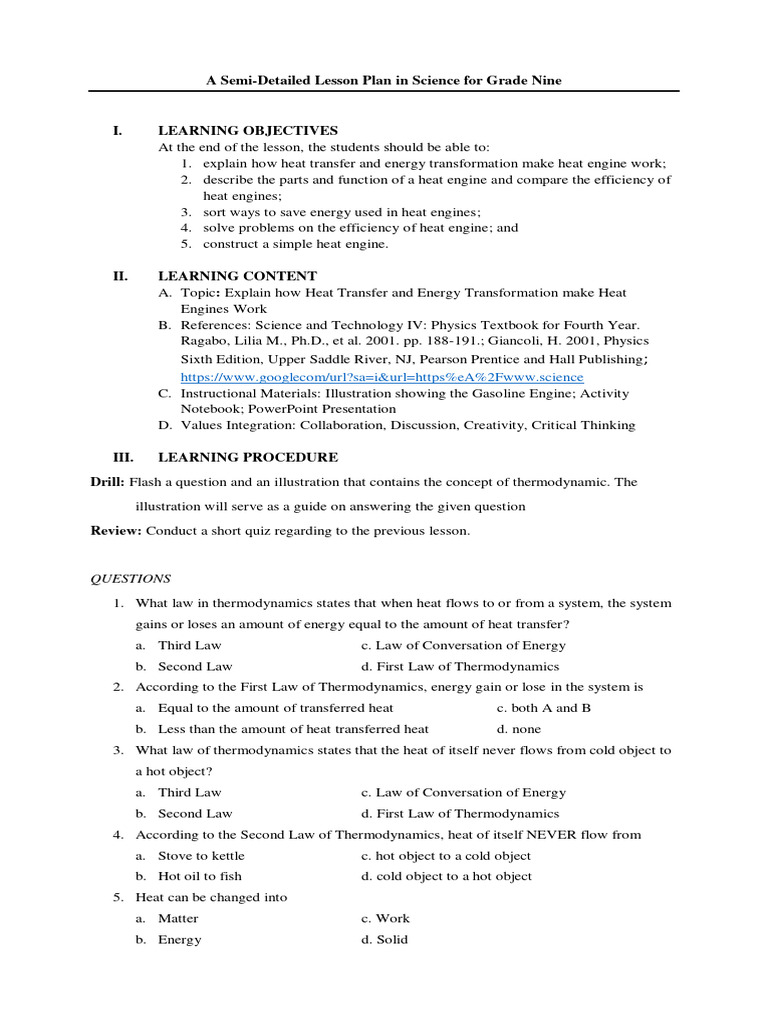 Grade 9 Science Lesson on Heat Engines | PDF | Internal Combustion ...