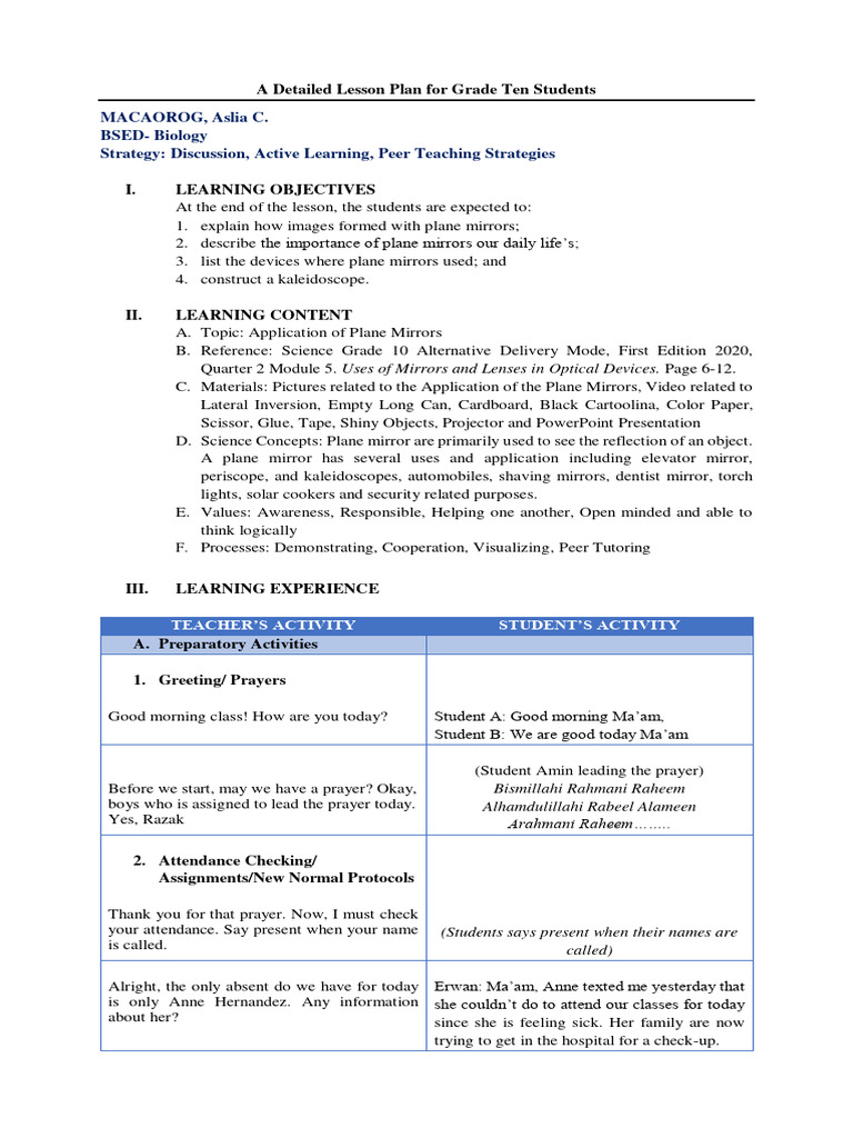 Detailed Lesson Plan in New Normal Set Up | PDF | Mirror | Reflection ...