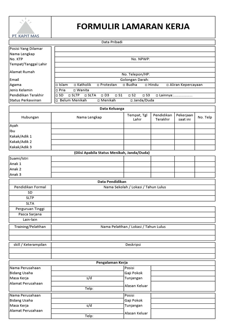 Formulir Lamaran Kerja PT Kapit Mas | PDF
