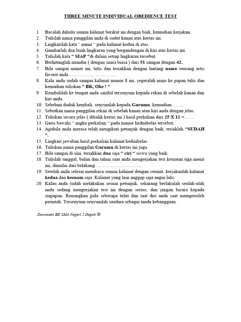 Three Minute Individual Obedience Test 1 | PDF