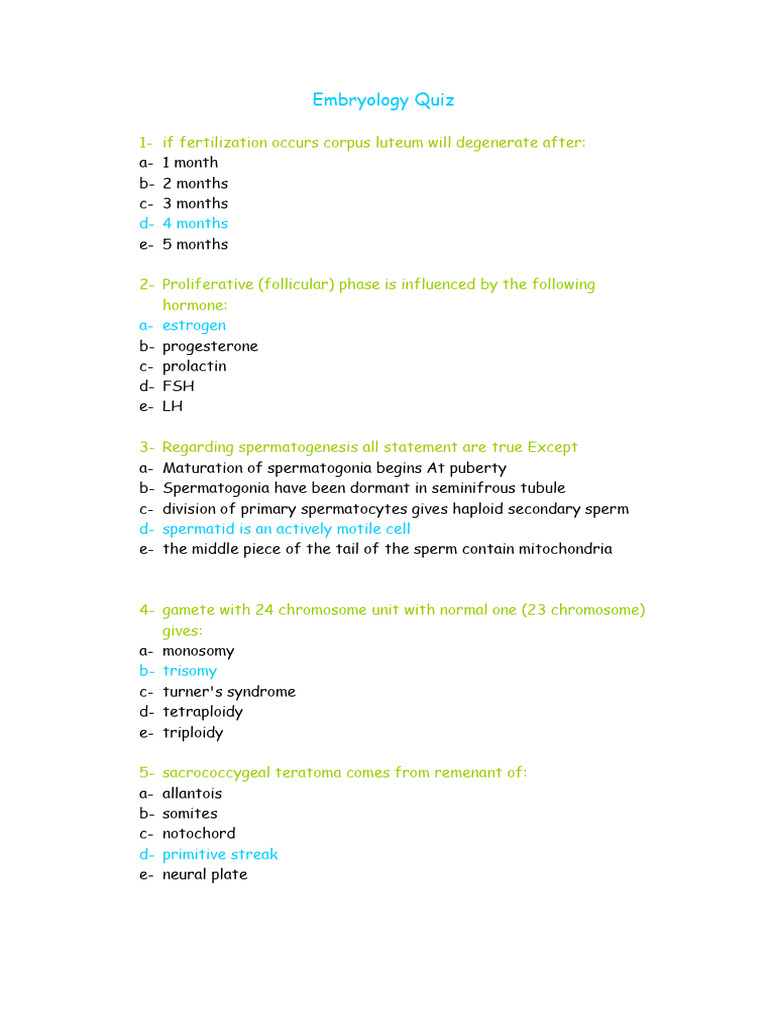Embryology Quiz | PDF | Fertilisation | Change