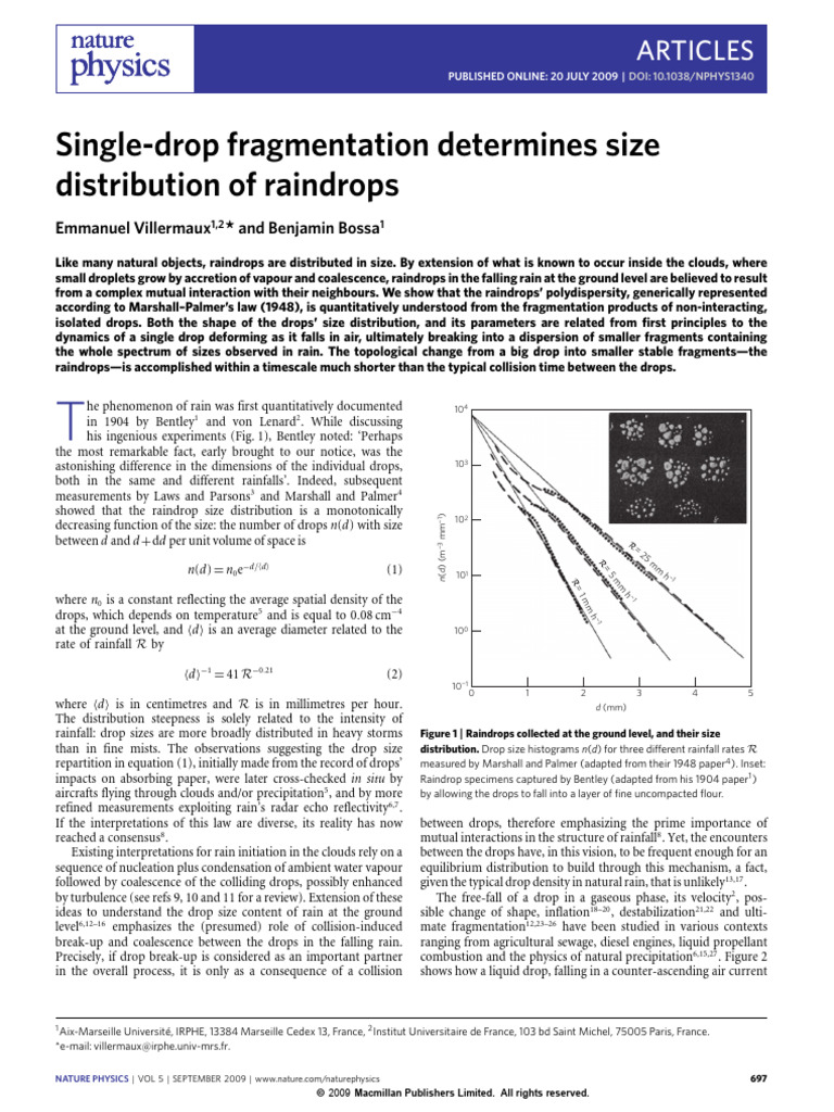 2009 - E. Villermaux - Single-Drop Fragmentation Determines Size Distribution of Raindrops | PDF ...