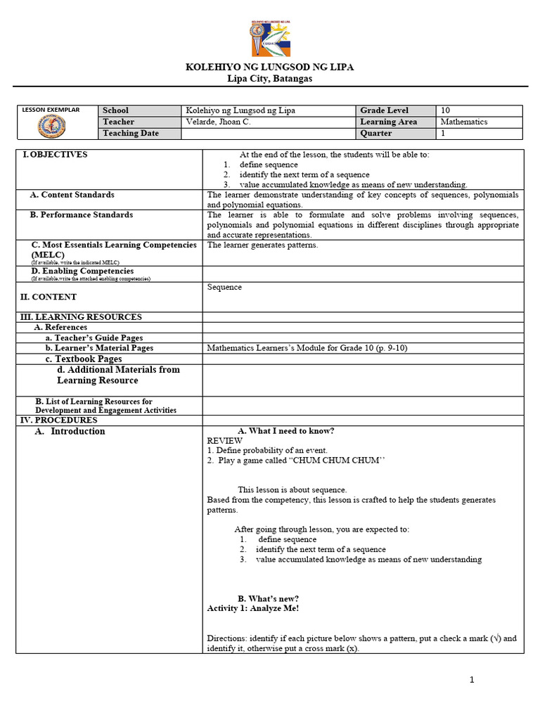 Final Lesson Plan | PDF | Learning | Sequence