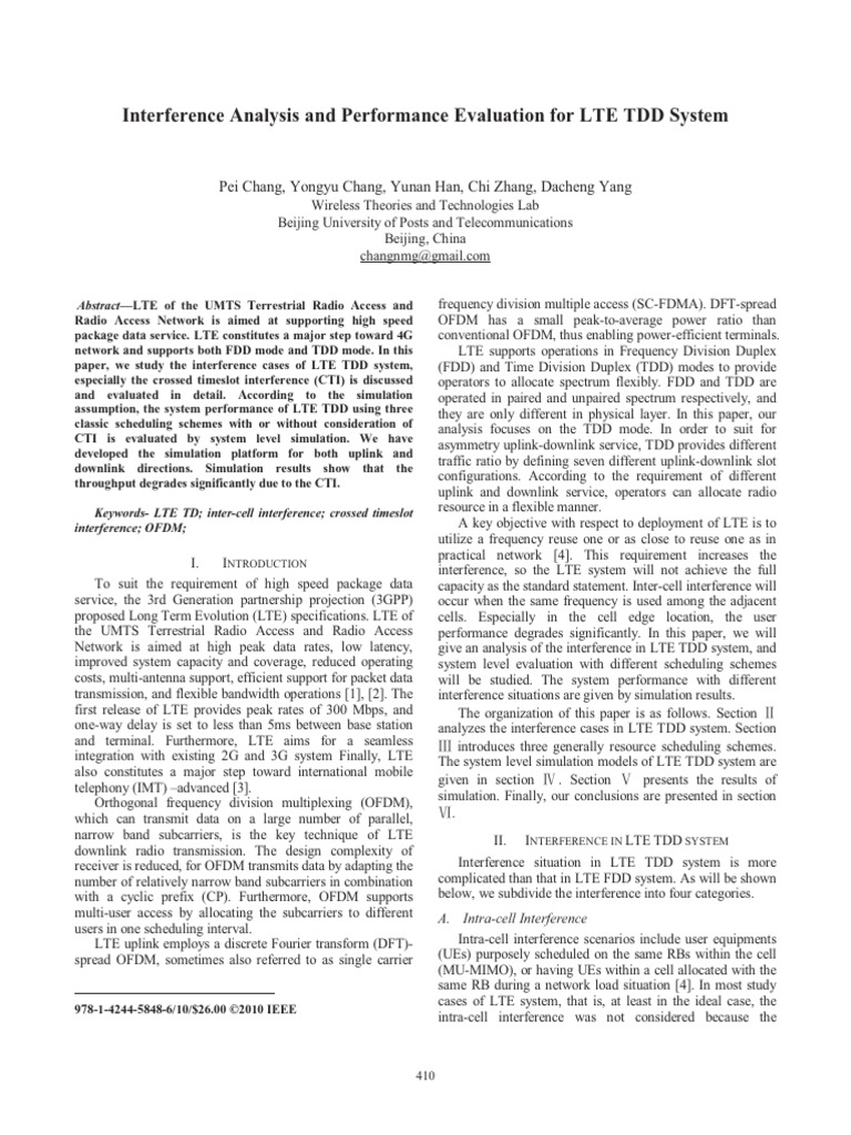 Interference Analysis and Performance Evaluation For LTE TDD System | PDF | Duplex ...