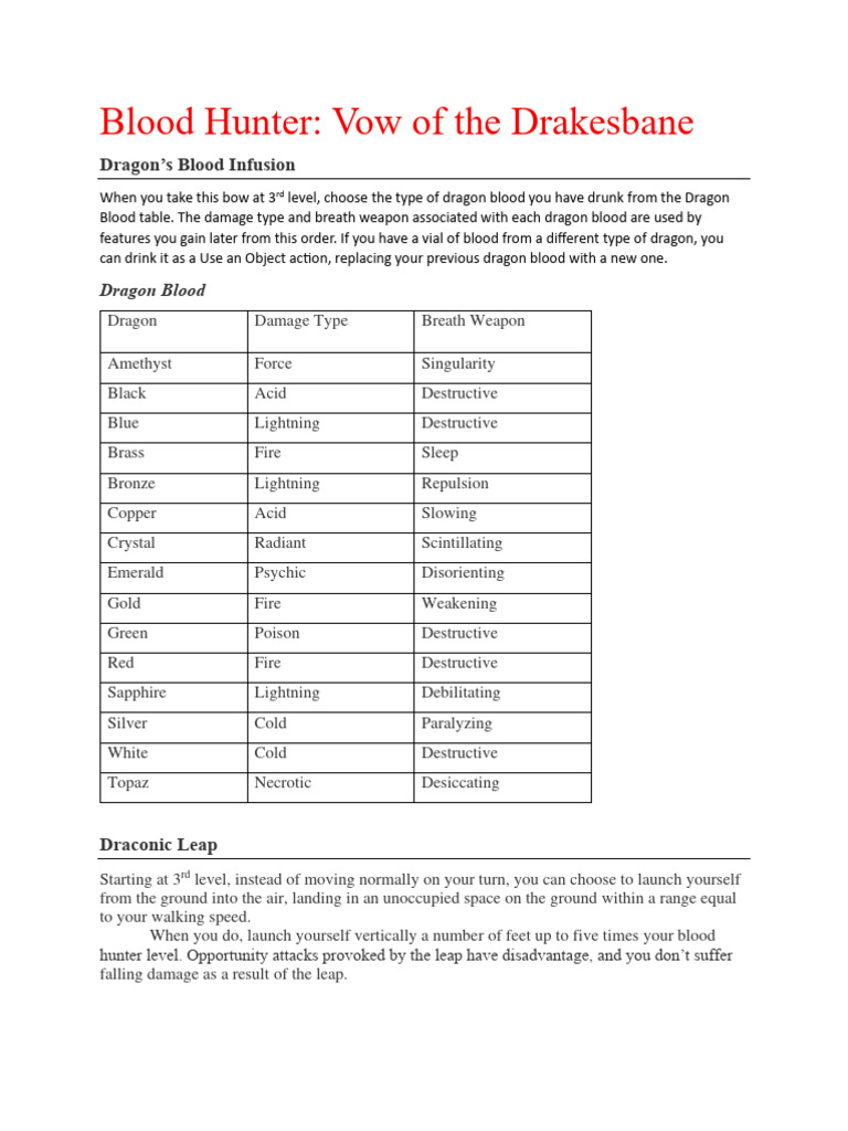 Blood Hunter: Drakesbane Features Guide | PDF