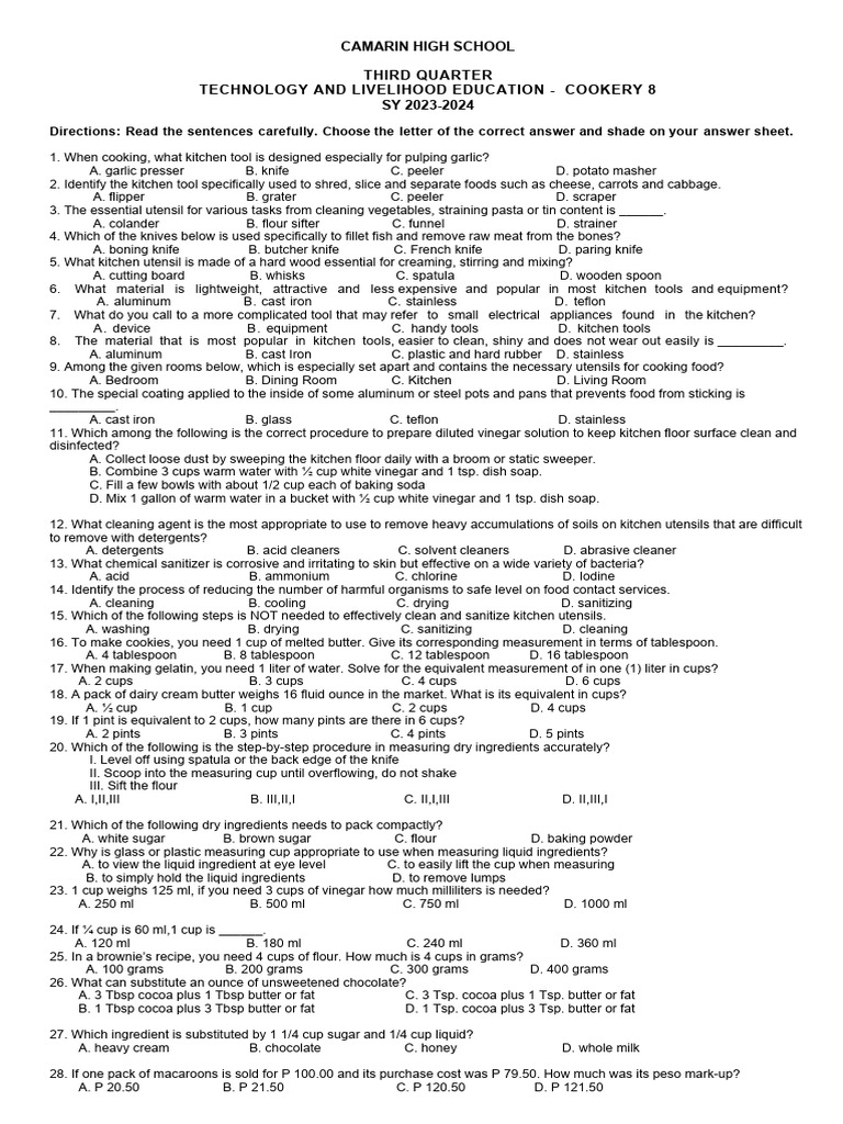 Diagnostic Test Cookery 8 | Download Free PDF | Kitchen Utensil | Kitchen