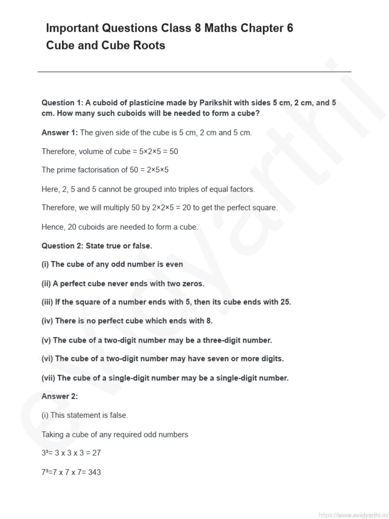 Important Question Class 8 Maths Chapter 6 Cubes And Cube Roots Pdf Numbers Factorization