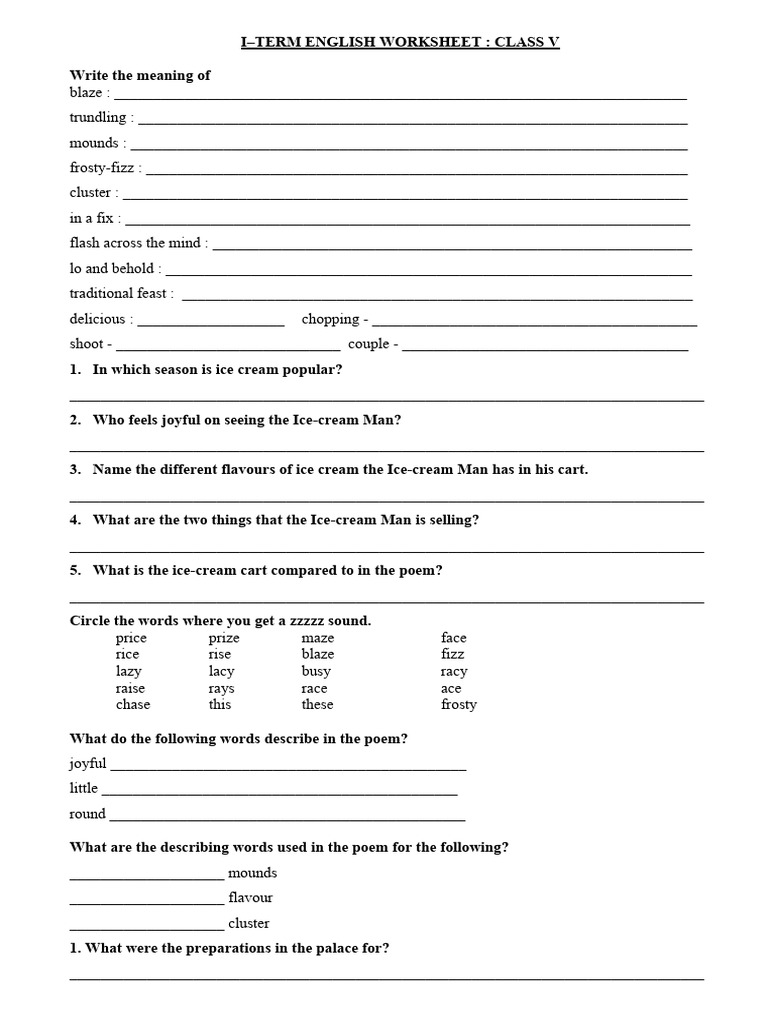 English Worksheet Class 5 | PDF | Cooking | Cuisine