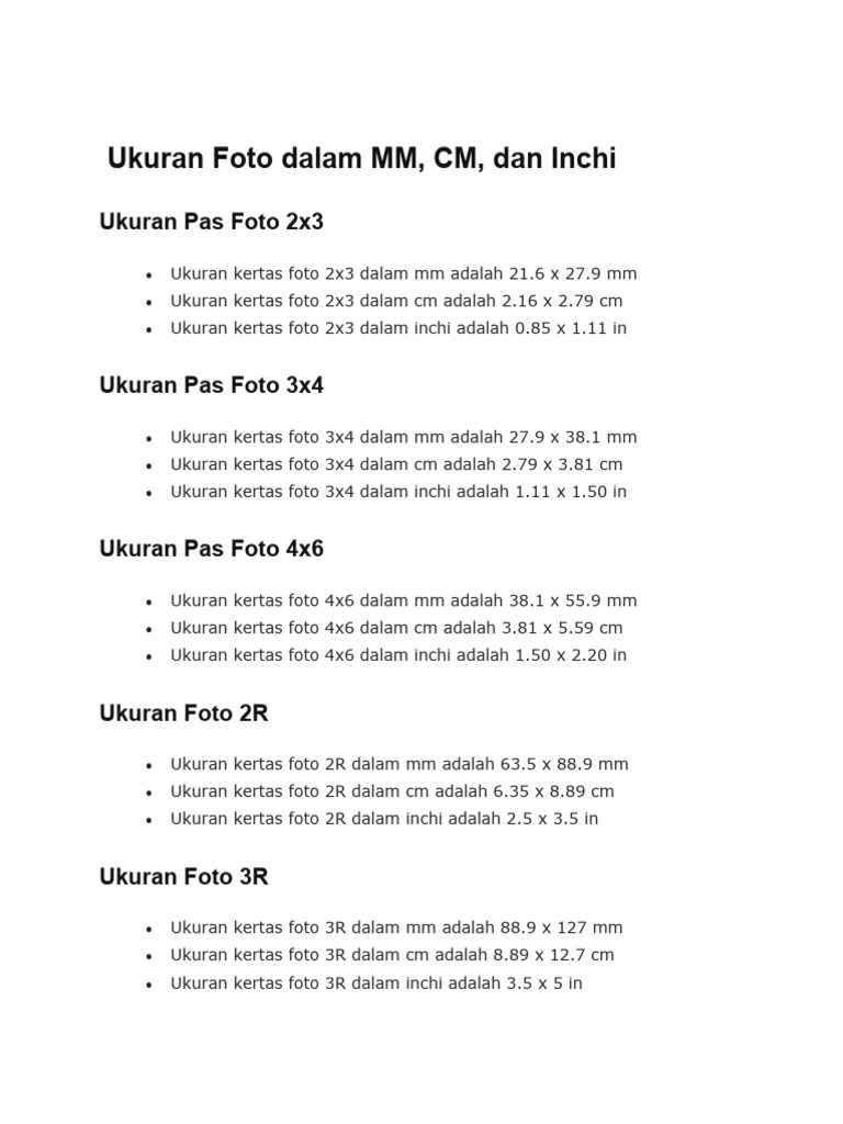 Ukuran Foto dalam MM dan CM | PDF