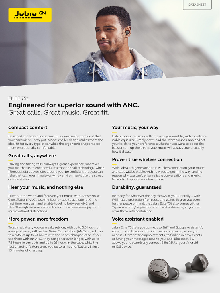 Jabra Elite 75t Standard DS A4 270421 WEB | PDF | Headphones | Bluetooth