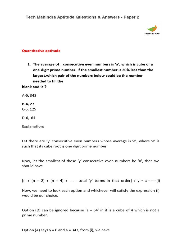 Tech Mahindra Aptitude Questions Answers Paper 2 | PDF | Elementary ...