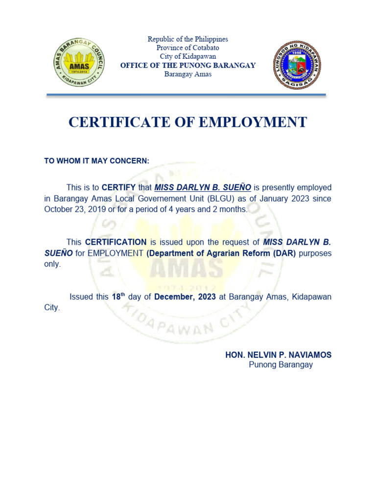Certificate of Employment For Any Purpose | PDF