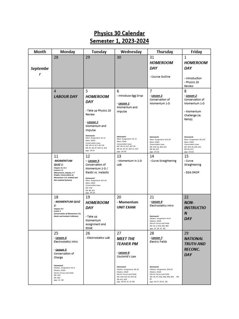 Physics 30 Calendar Semester 1 2023-2024 with homework | PDF ...