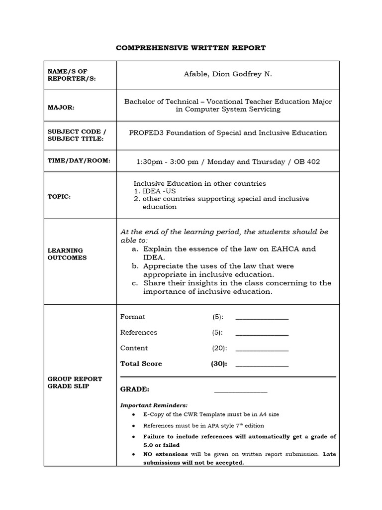 Comprehensive Written Report | PDF | Special Education | Inclusion ...