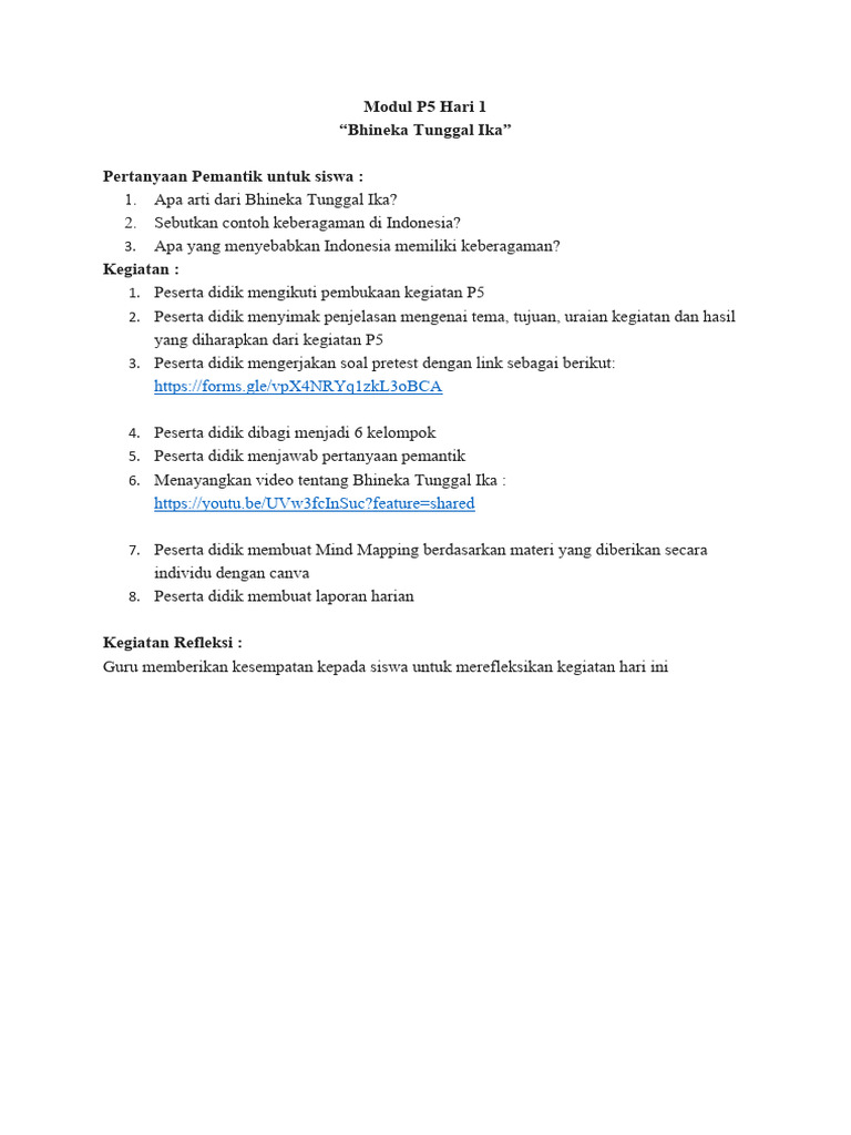 Modul P5 Hari 1 (Bhineka Tunggal Ika) | PDF