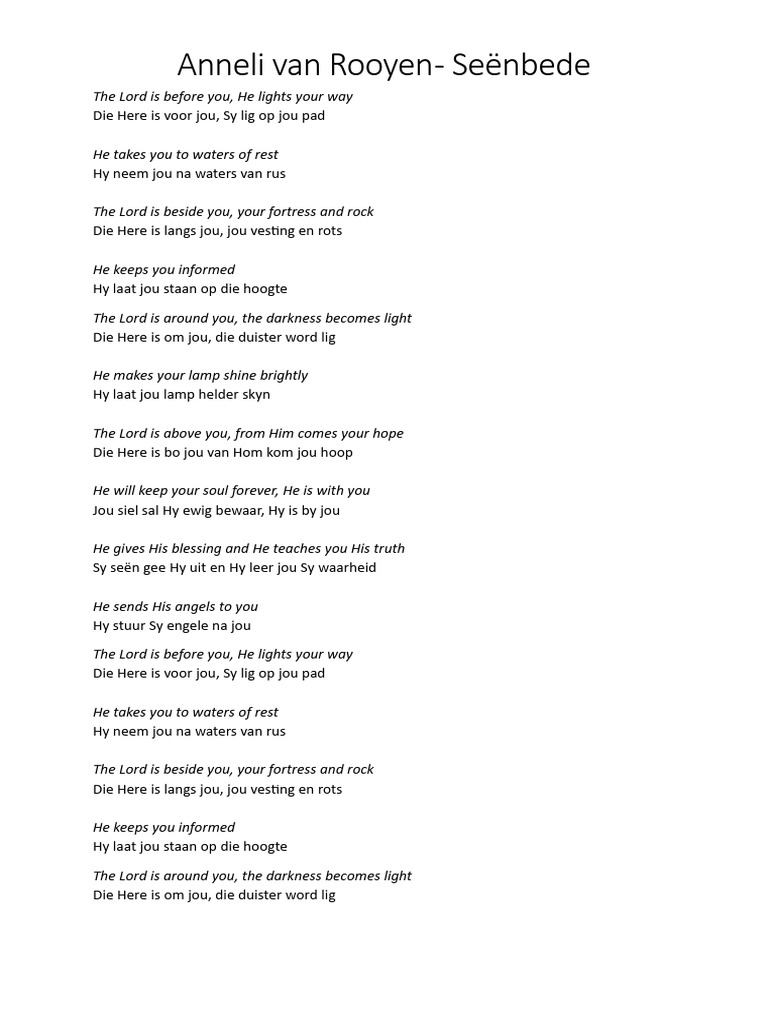 Anneli Van Rooyen - Seenbede (Lyrics) | PDF