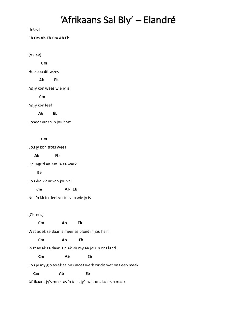 'Afrikaans Sal Bly' - Elandre (Chord Chart) | PDF