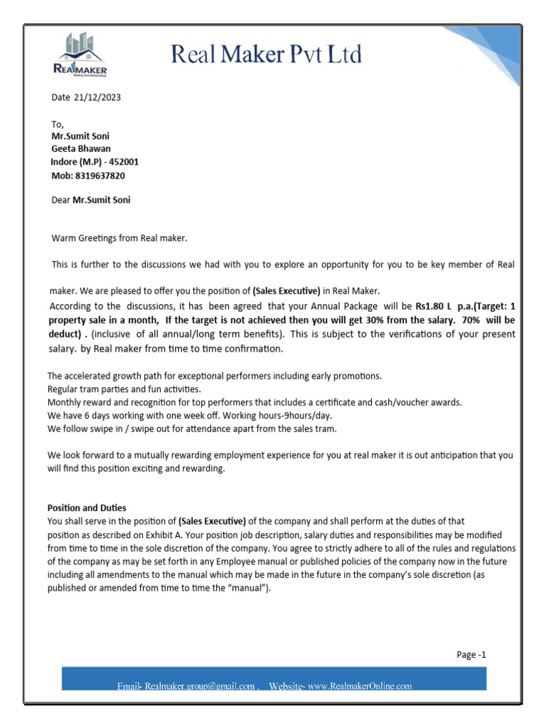 Sumit Soni Offer Letter | PDF | Business Sumit Soni Offer Letter | PDF | Business