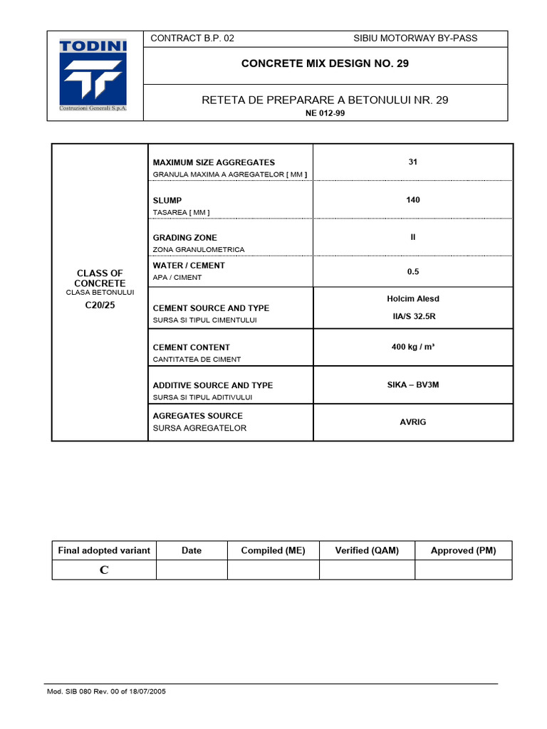 Concrete Mix Design C20/25 for Sibiu Bypass | PDF | Technology ...
