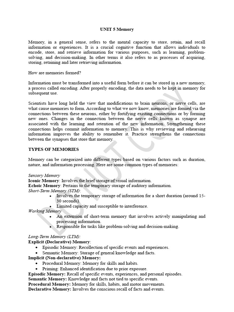 UNIT 5 Memory | PDF | Memory | Recall (Memory)