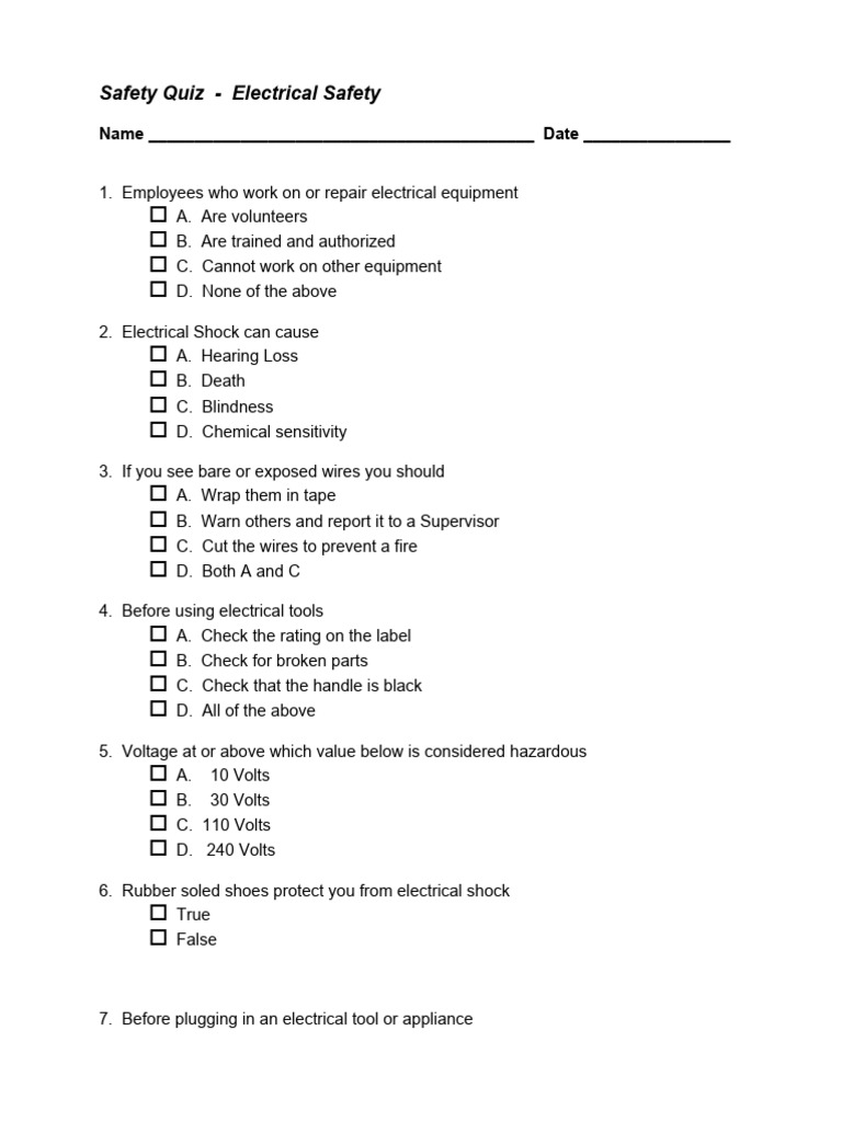 Safety Quiz - Electrical Answer Key | PDF