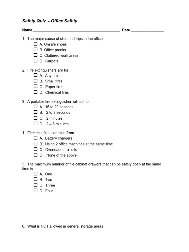 Safety Quiz - Office Safety Answer Key | PDF