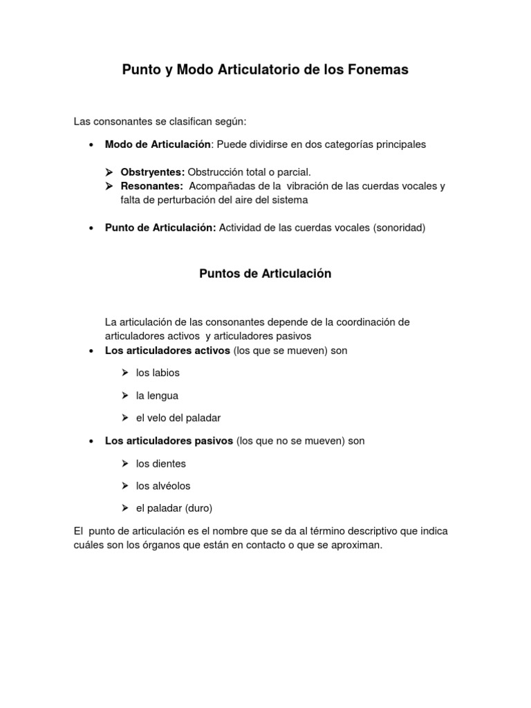 Clasificación de Fonemas: Articulación | PDF | Fonema | Voz humana