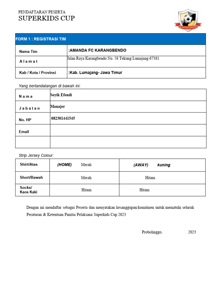 Registrasi Tim Amanda FC Superkids Cup 2023 | PDF