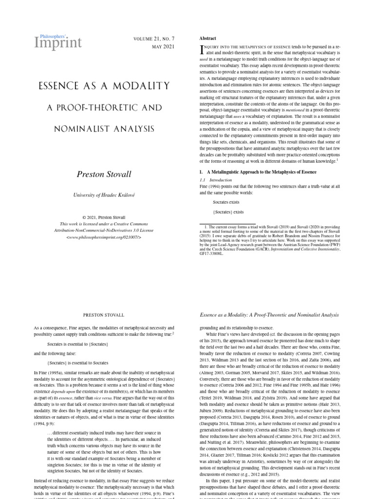 Essence As A Modality - PI - Final - Clean | PDF | Modal Logic | Metaphysics