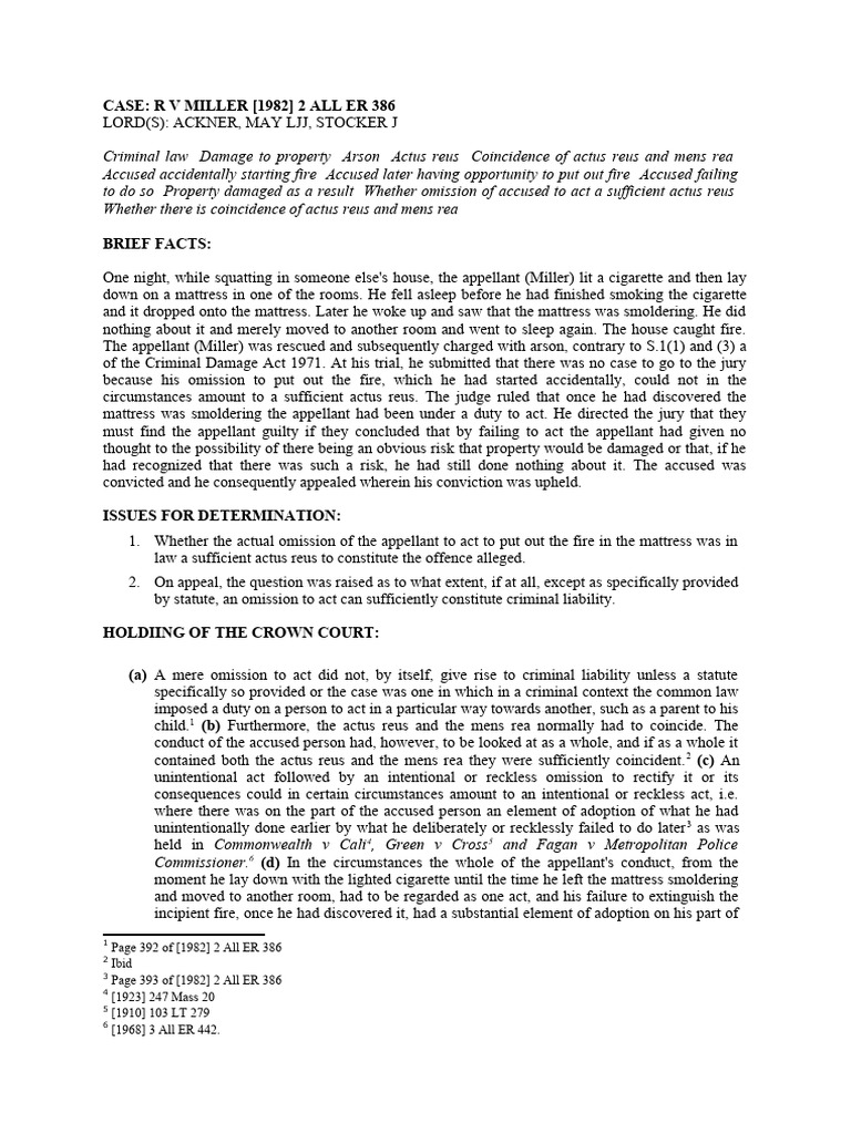 R V Miller Case Summary (Crim CW) | PDF | Mens Rea | Recklessness (Law)