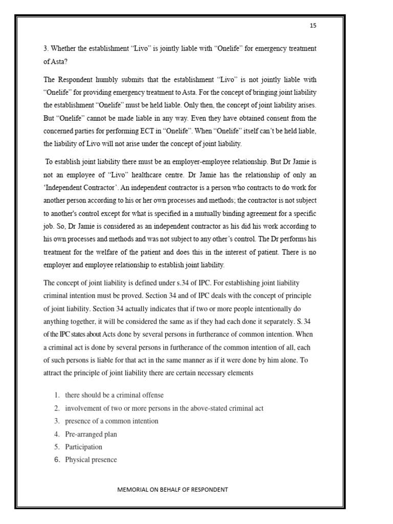 MEMORIAL ON BEHALF OF RESPONDENT..issues 3 PDF | PDF | Legal Liability | Vicarious Liability