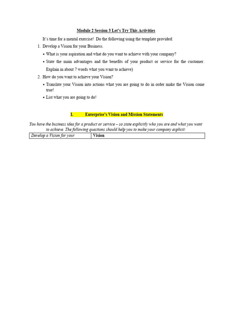 Session 3 Module 2 Let's Try Tis Act_Enterprise's Operation Plan Format | PDF | Swot Analysis ...