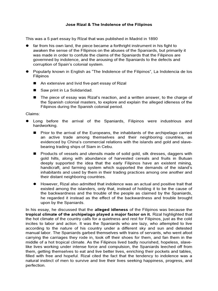 Rizal's Indolence of Filipinos Explained | PDF | Philippines