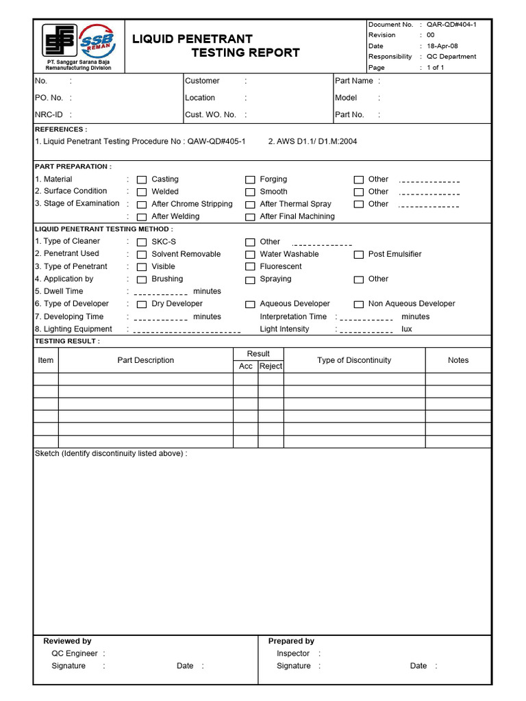 QAR-QD404-1 Liquid Penetrant Testing Report-General | PDF | Electric ...