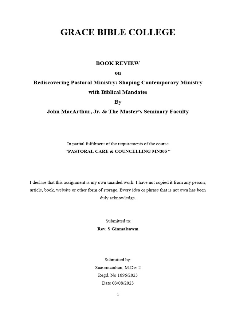 Suanmuanlian PCC Book Review Assignment | PDF | Pastor | Bible