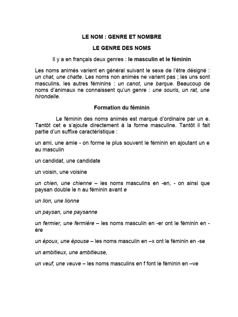 Genre et Nombre des Noms en Français | PDF | Genre grammatical | Nombre ...