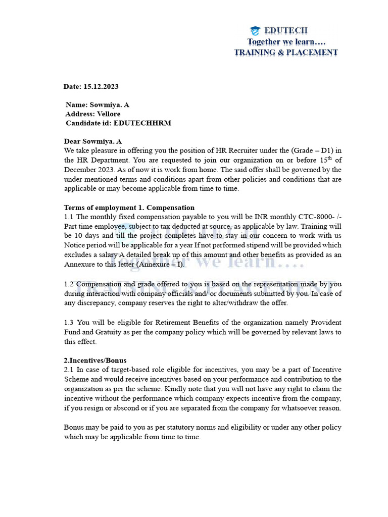 HR Recruiter Offer Letter | PDF | Recruitment | Employment