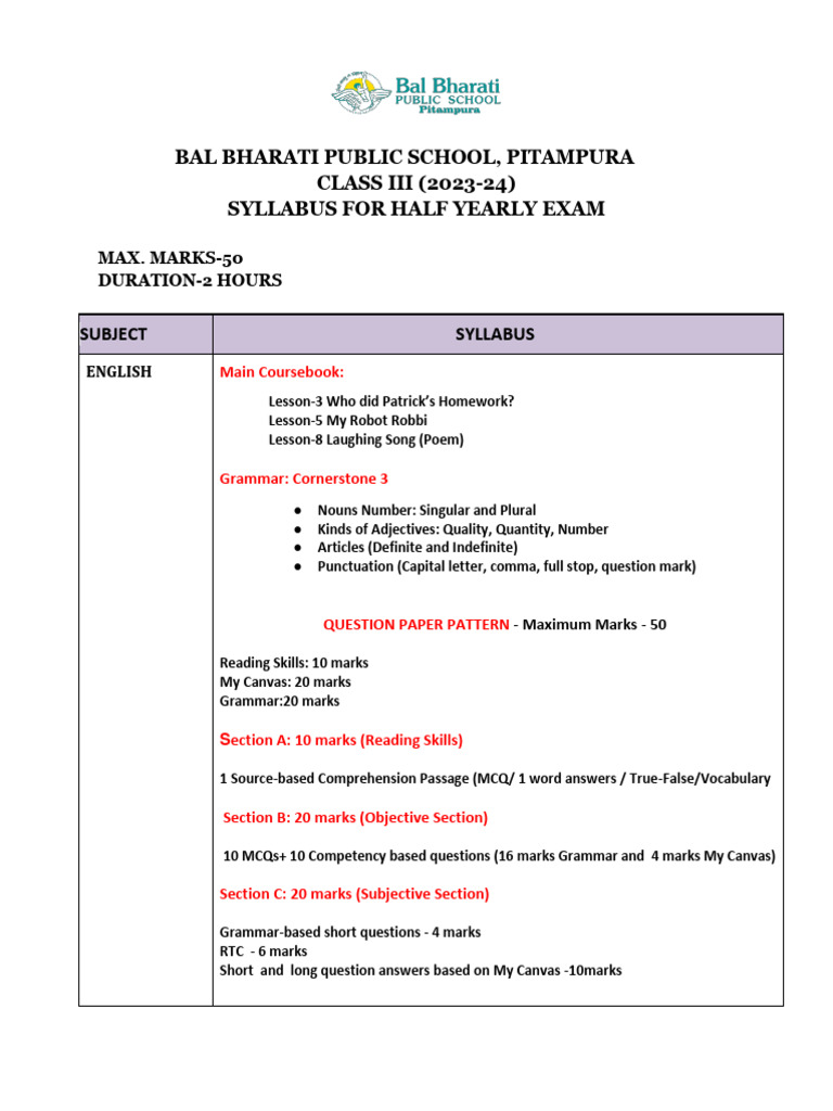 CLASS-3-SYLLABUS-HY2023 | PDF | Multiple Choice | Languages