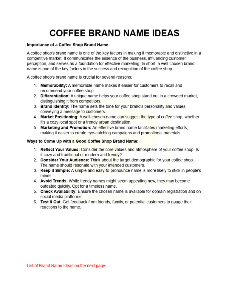 Coffee Brand Name Ideas | PDF | Brand | Marketing