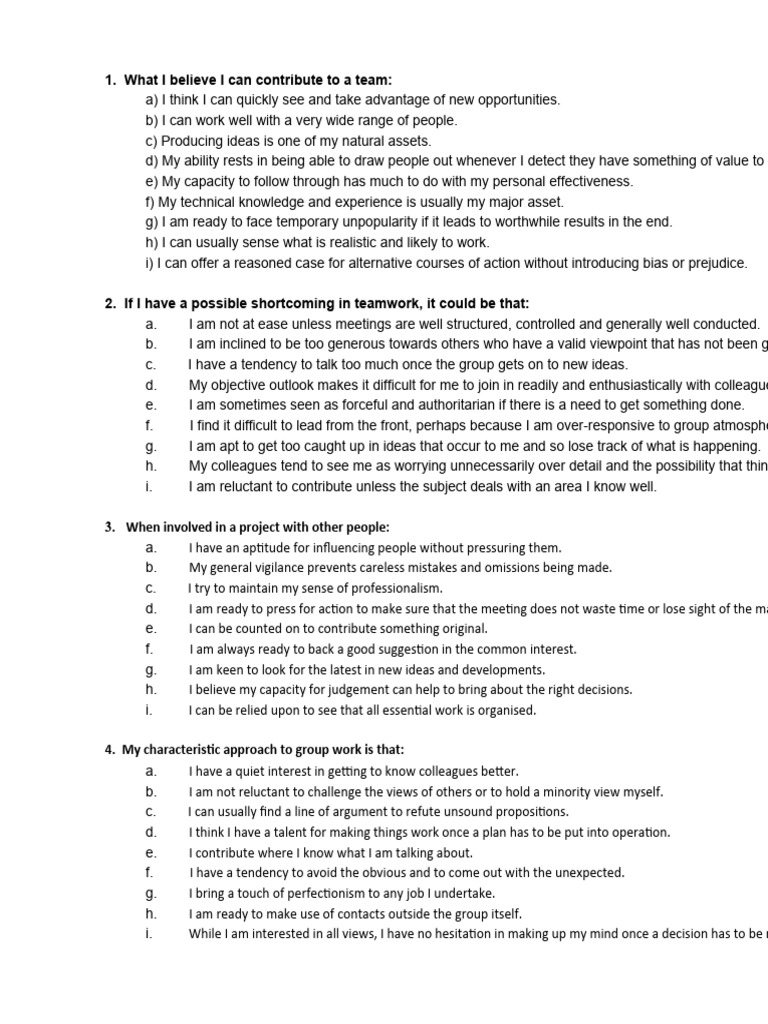 Belbin Scoring En | PDF | Cognitive Psychology | Behavioural Sciences
