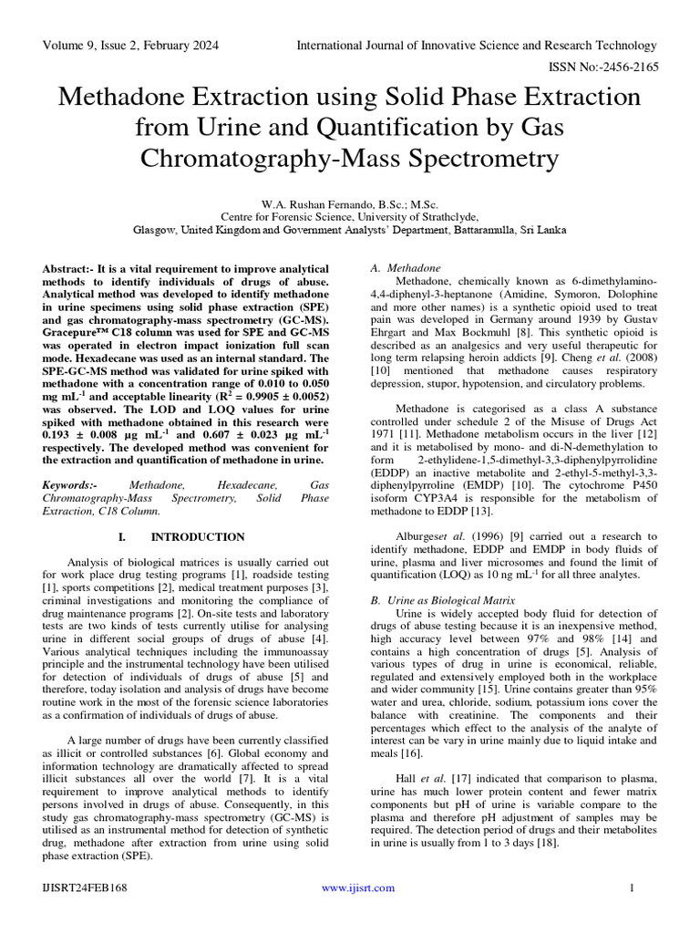 Methadone Extraction Using Solid Phase Extraction From Urine and ...